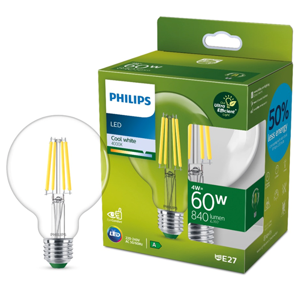 Philips LED lamp E27 | Globe G95 | Ultra Efficient | Filament | Helder | 4000K 4W (60W) Philips ...